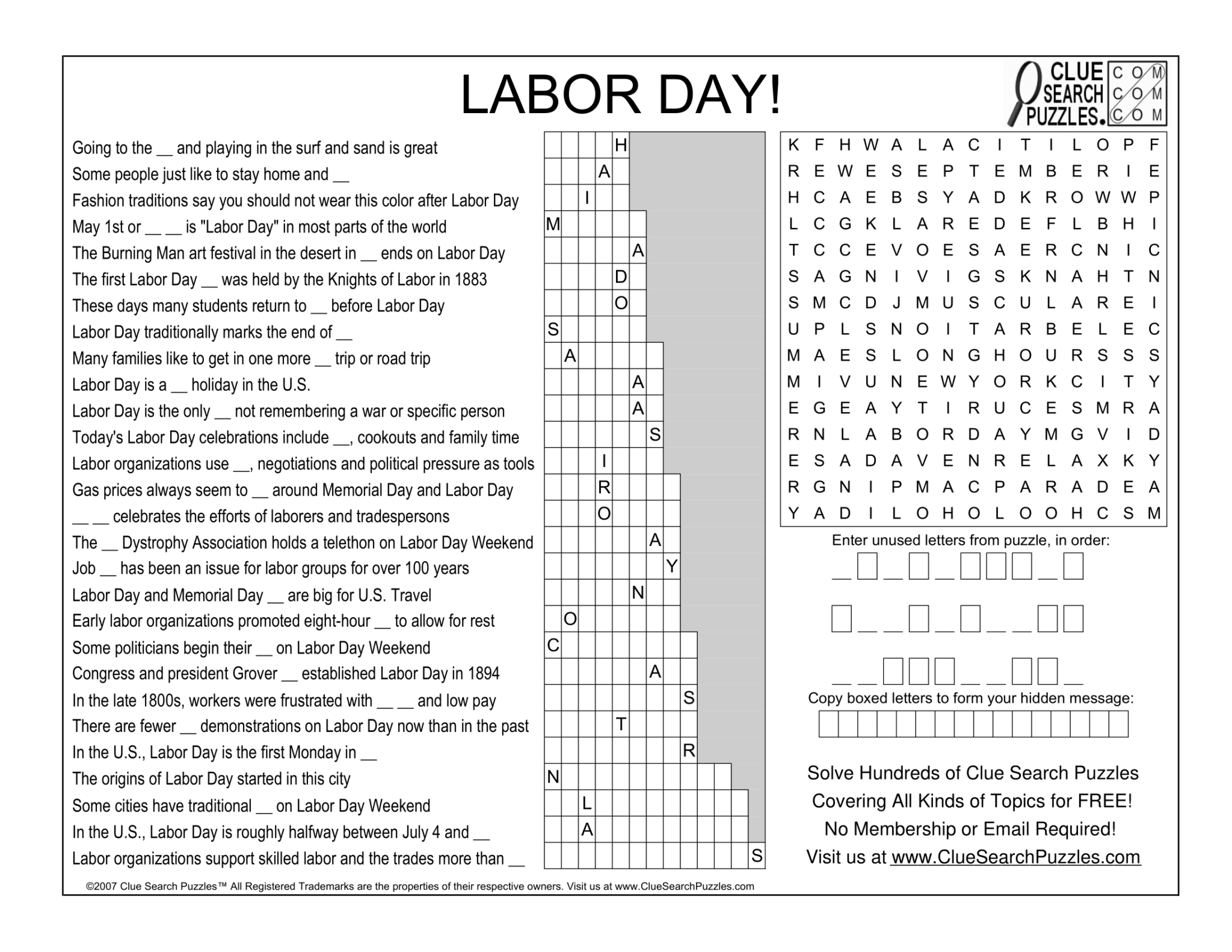LABOR DAY TRIVIA QUIZ Clue Search Puzzles