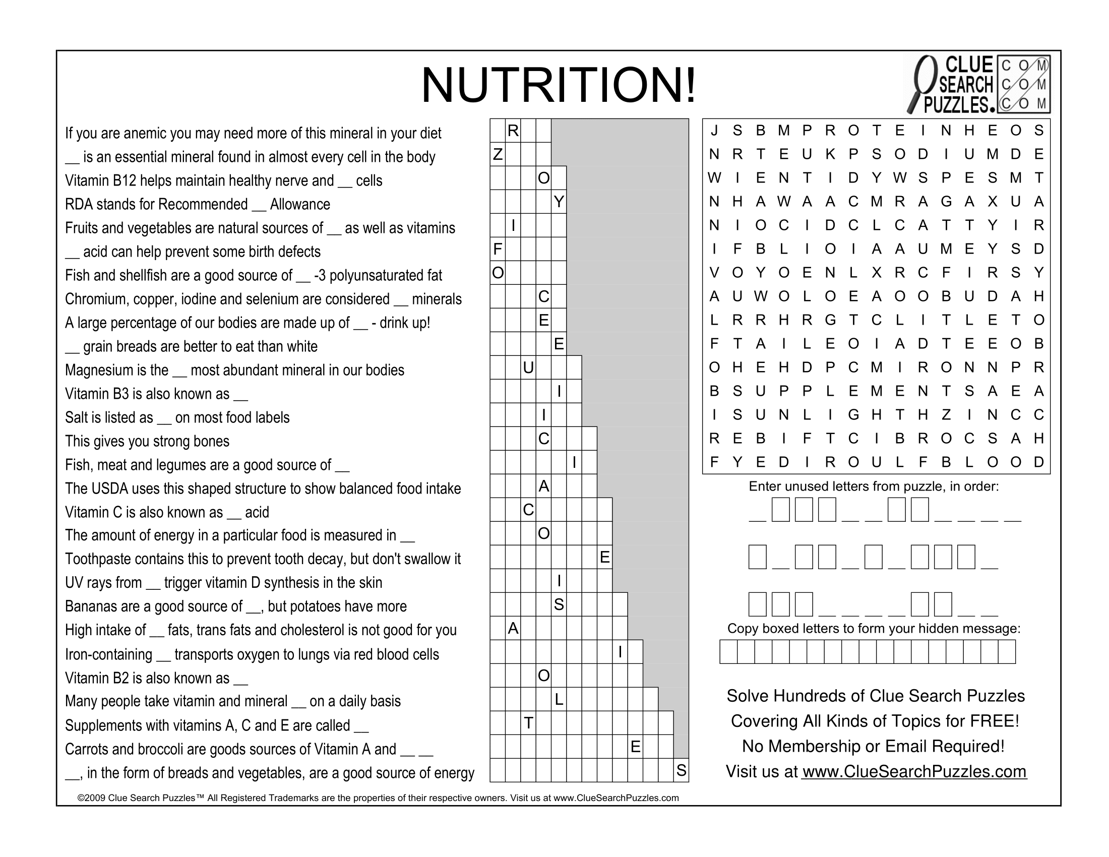 NUTRITION TRIVIA QUIZ Clue Search Puzzles