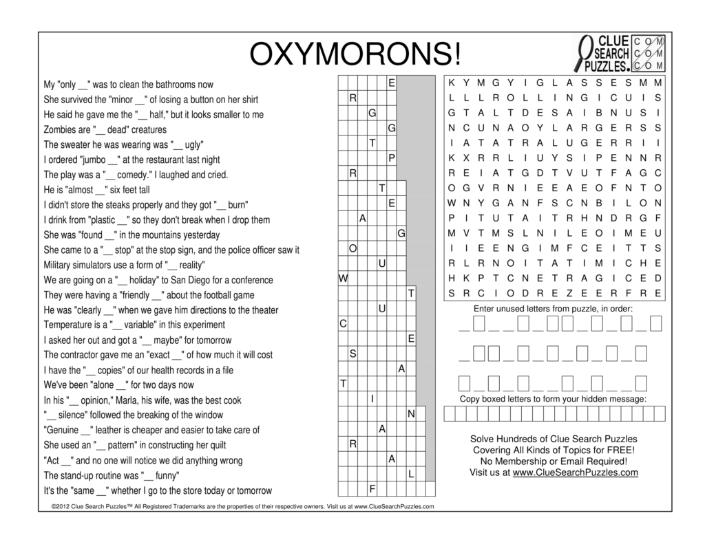 OXYMORONS TRIVIA QUIZ Clue Search Puzzles