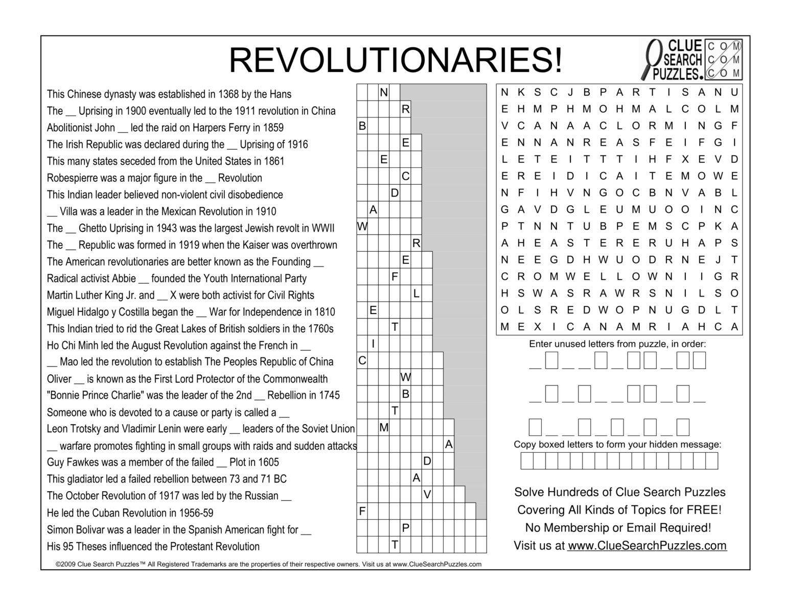 REVOLUTIONARIES TRIVIA QUIZ Clue Search Puzzles REVOLUTIONARIES TRIVIA QUIZ Clue Search Puzzles